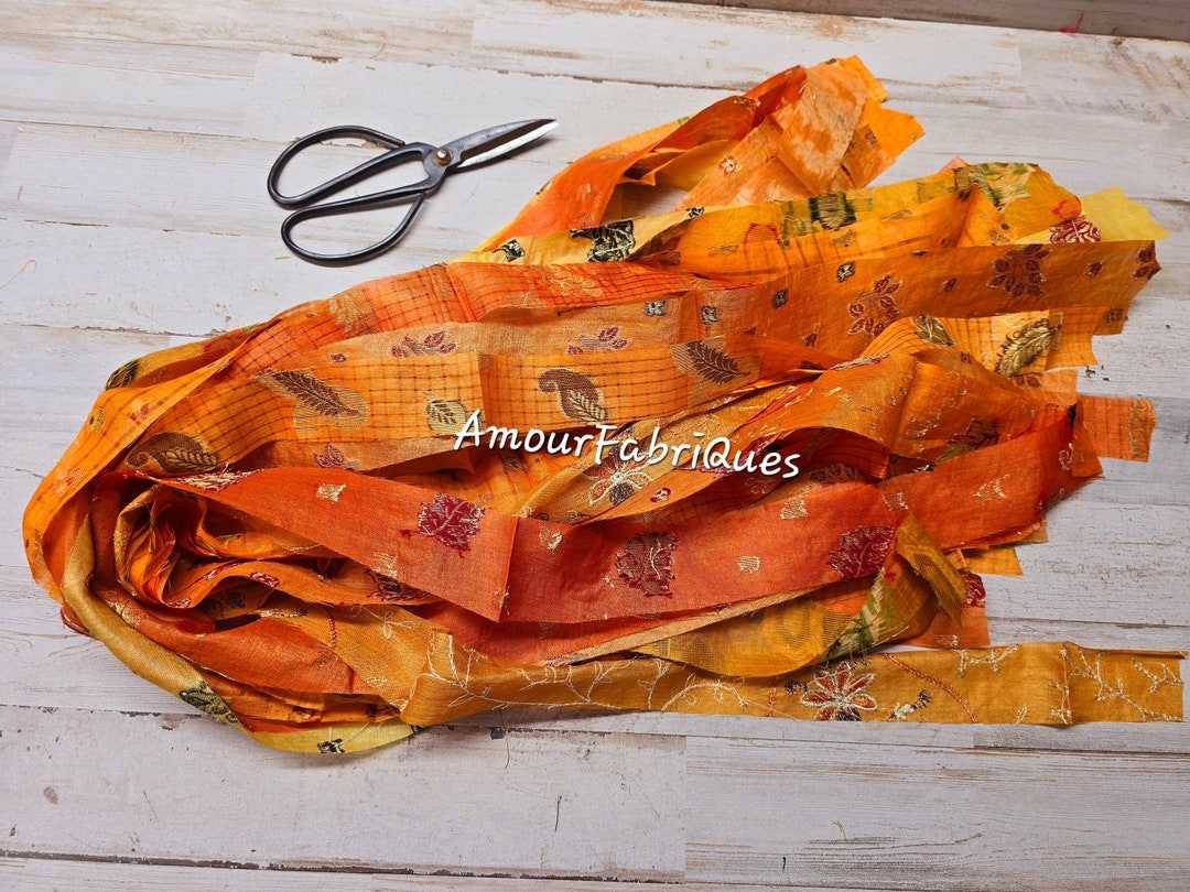Orange Sari Silk Ribbon Strips: Recycled Art Yarn, Weaving, Rug Hooking ...