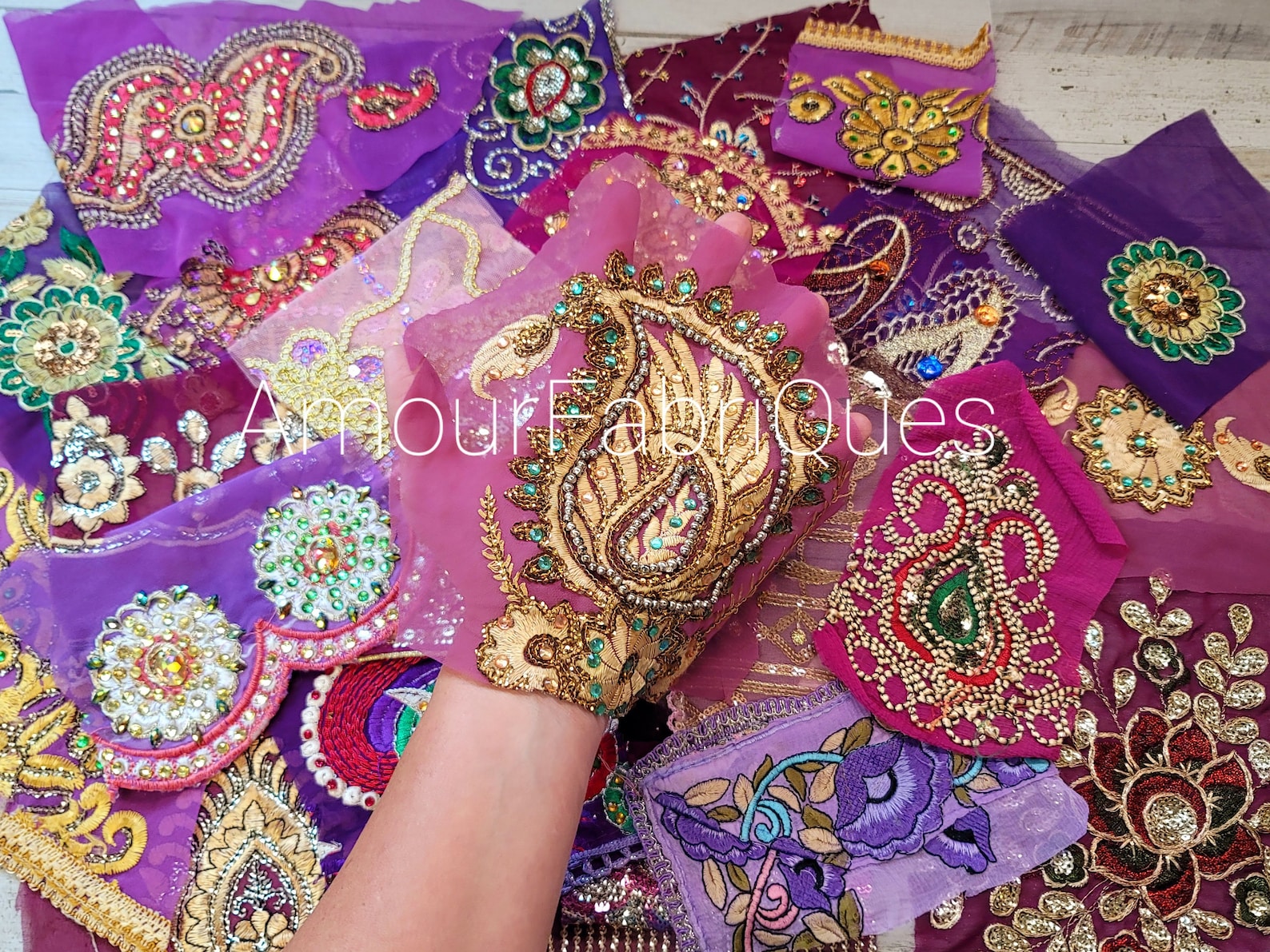 Purple Vintage Sari Swatches: Beaded Fabric Appliques, Junk Journal ...