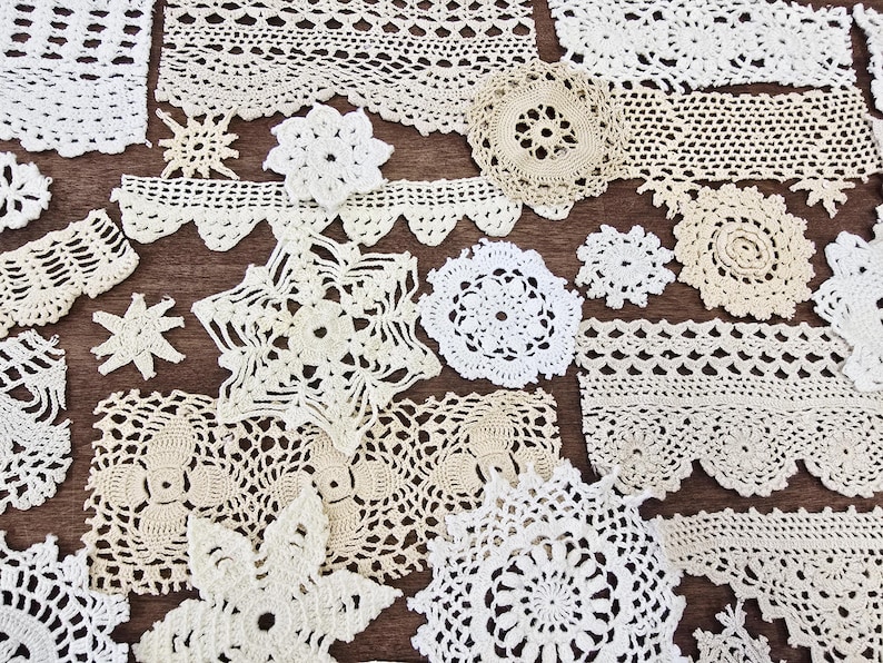25 Vintage Crochet & Textured Lace Trims, Doilies Grab Bag Lot, Rescued ...