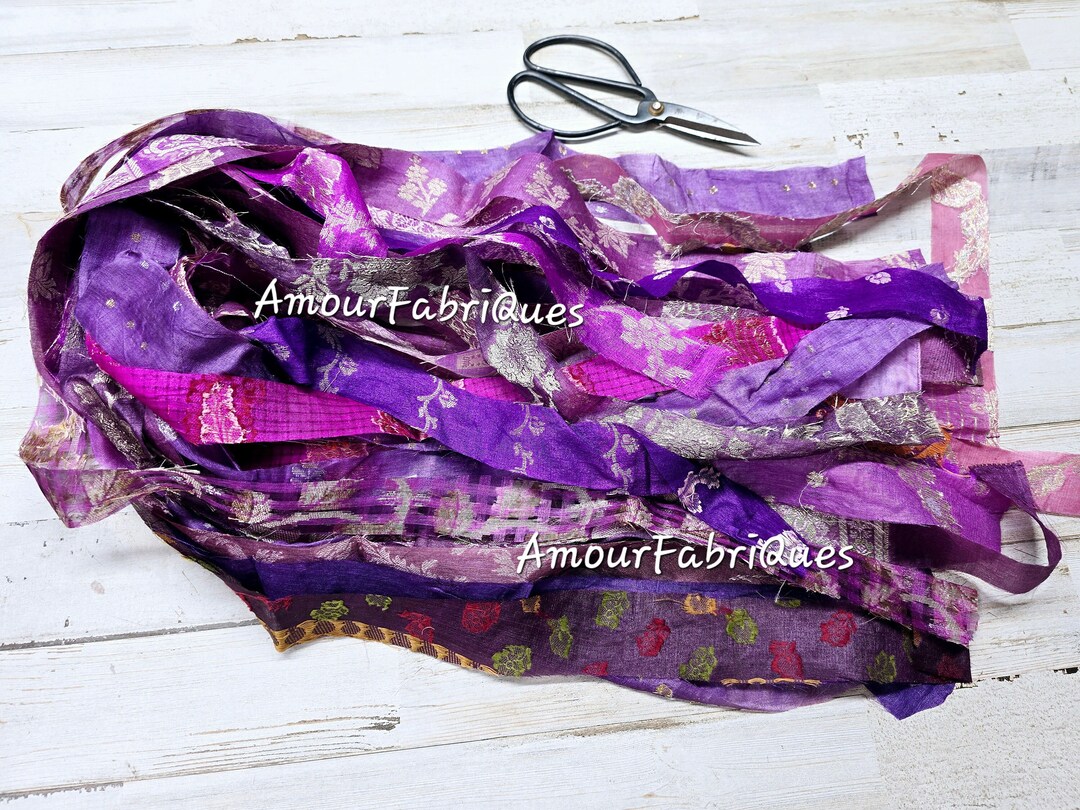 Purple Silk Sari Ribbon Strips: Recycled Art Yarn, Boho Tassels - Etsy