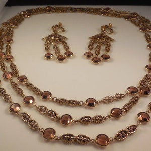 Goldette 1960s Vintage Triple Strand Bezal Set Channel Link Crystal Necklace With Matching Clip ...