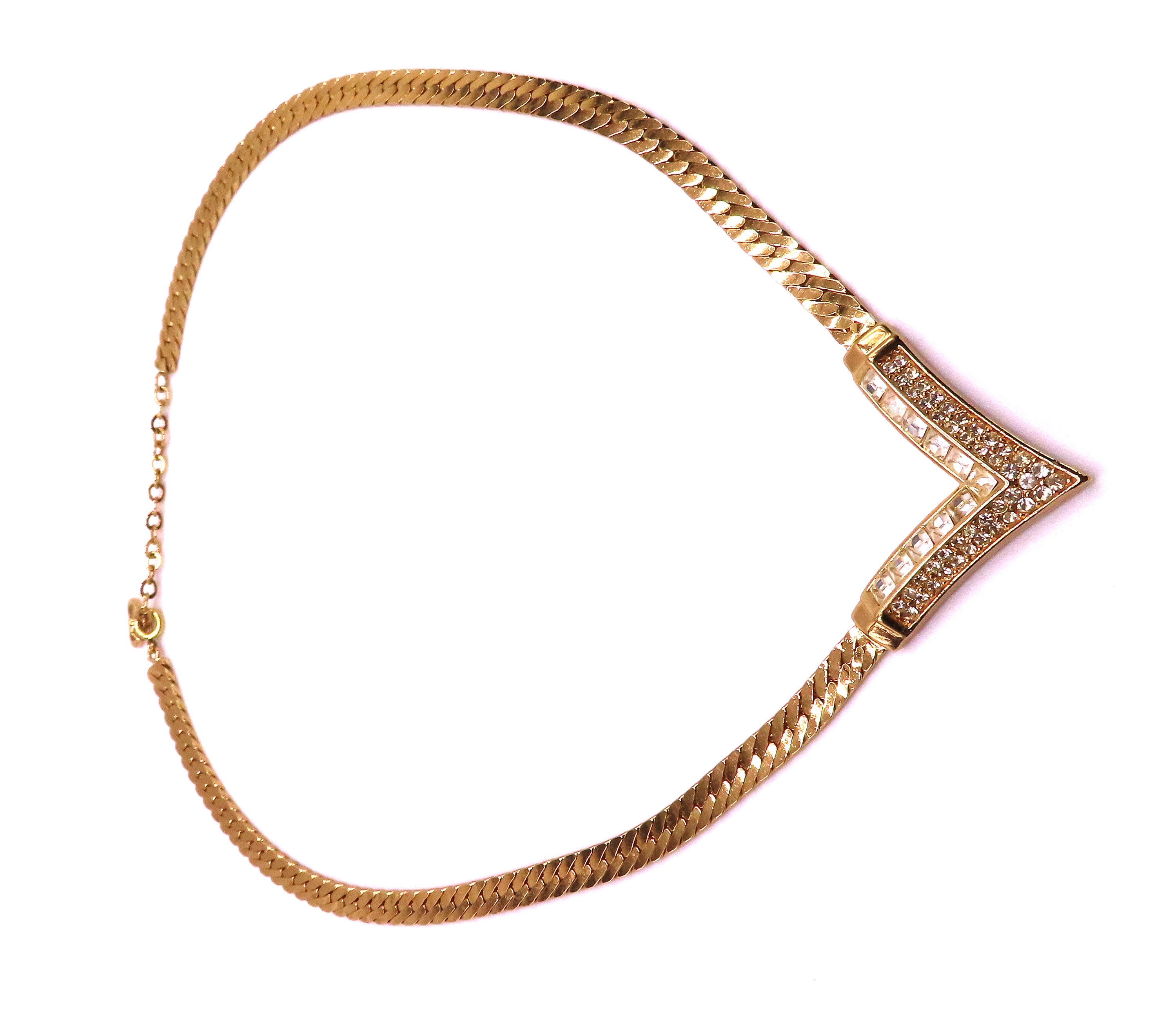 Vintage 1990s Christian Dior V Shaped Crystal Rhinestone Necklace Gold ...