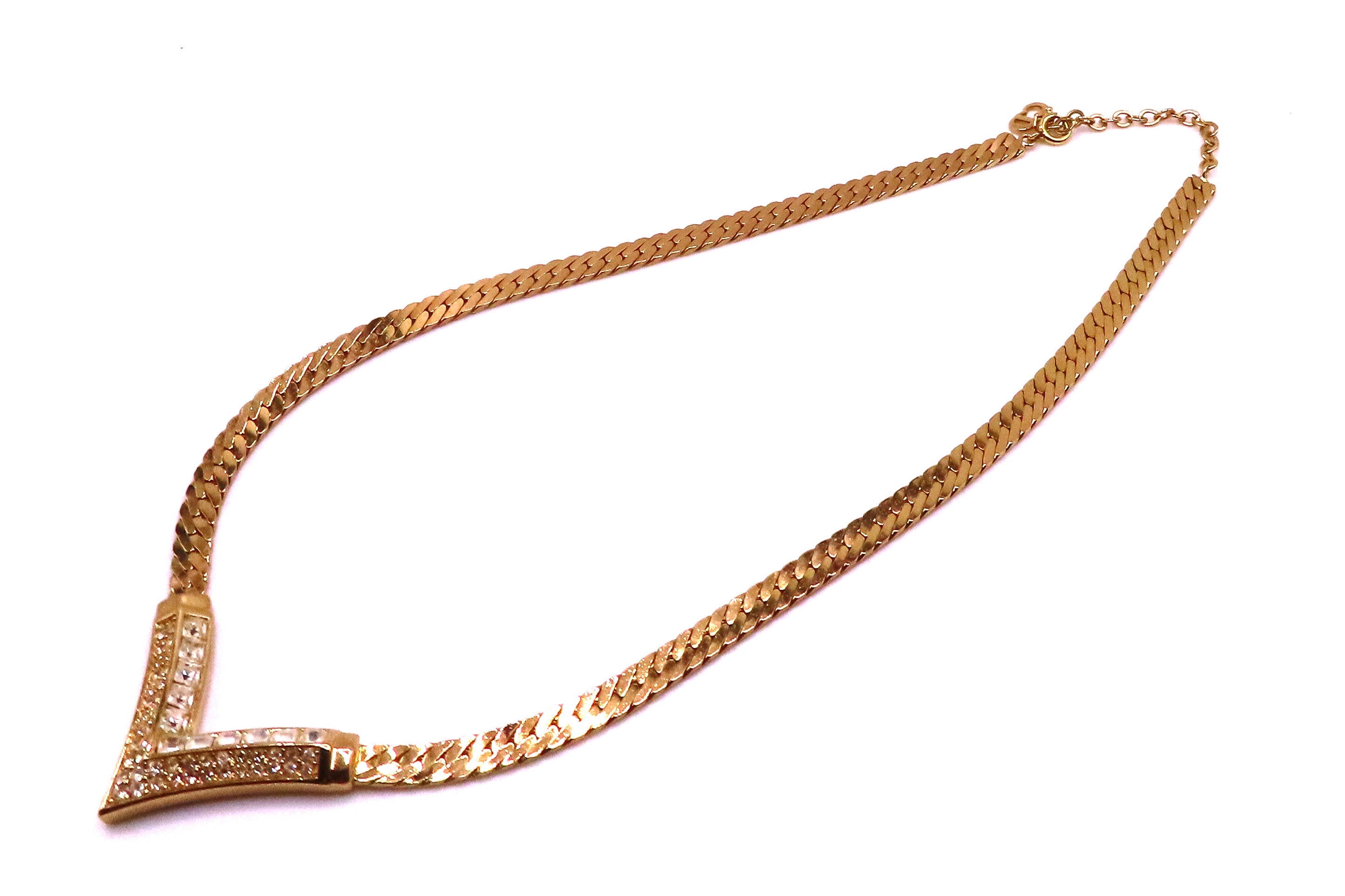Vintage 1990s Christian Dior V Shaped Crystal Rhinestone Necklace Gold ...