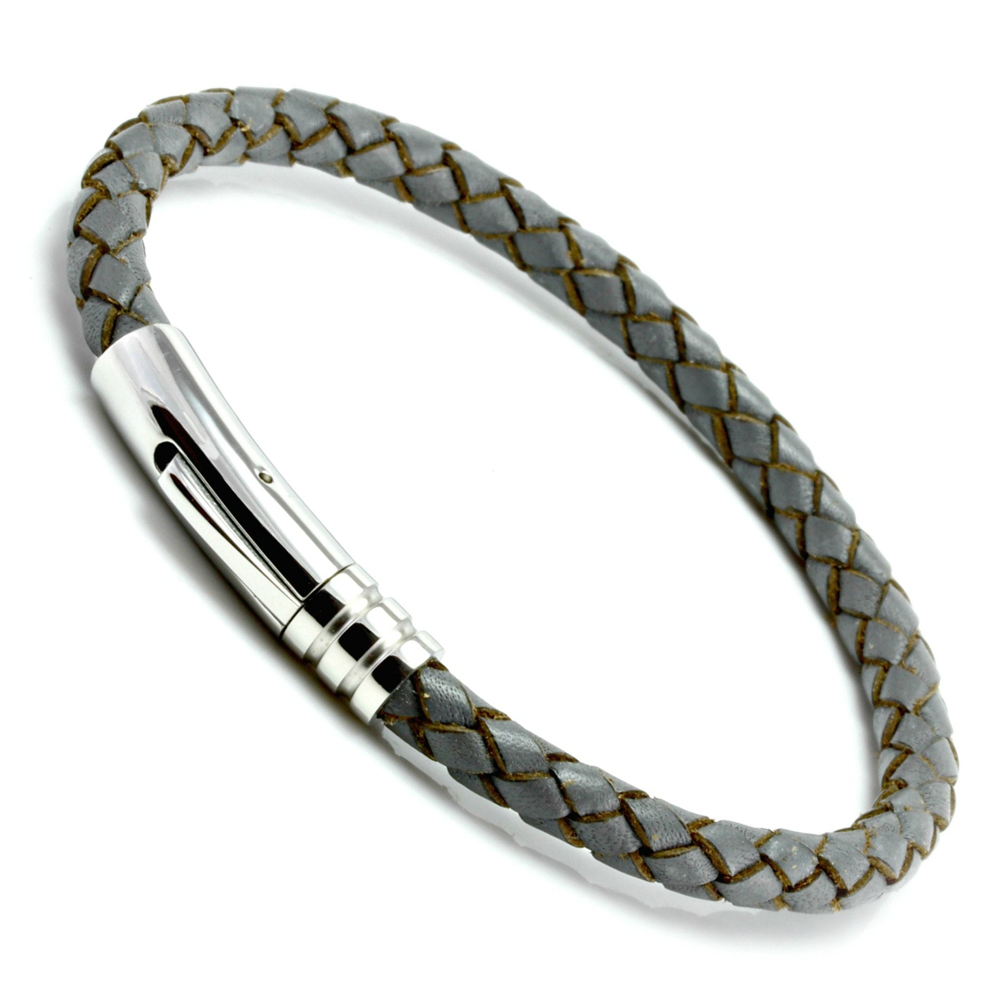 Mens Grey Leather Bracelet With Stainless Steel | Etsy