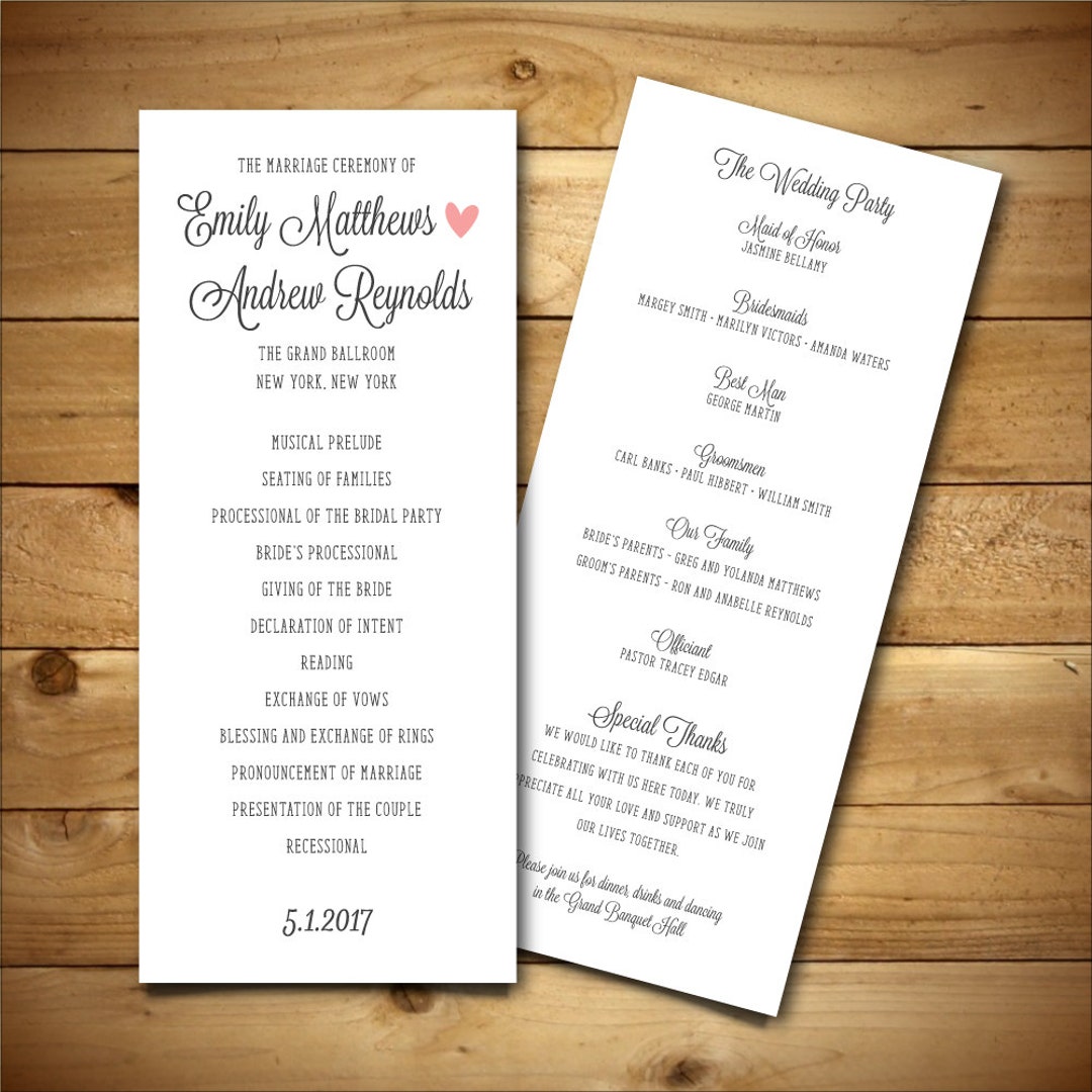 Printable Wedding Program Template - Dark Grey, Pink & White - Instant ...