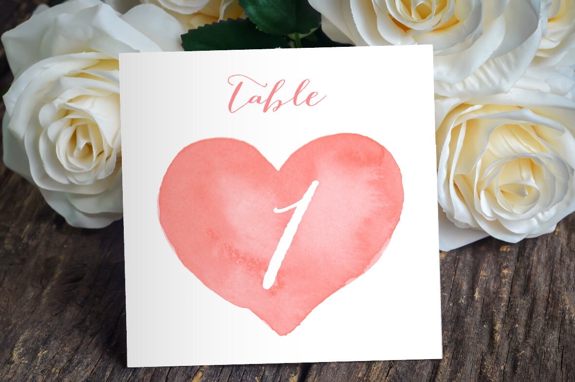 Printable Table Number Pink Heart Watercolor Wedding | Etsy