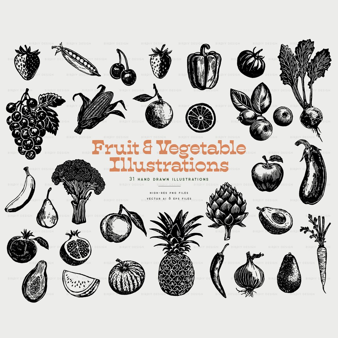 Vintage Fruits and Vegetables Clipart • Fruit Clipart • Hand Drawn ...