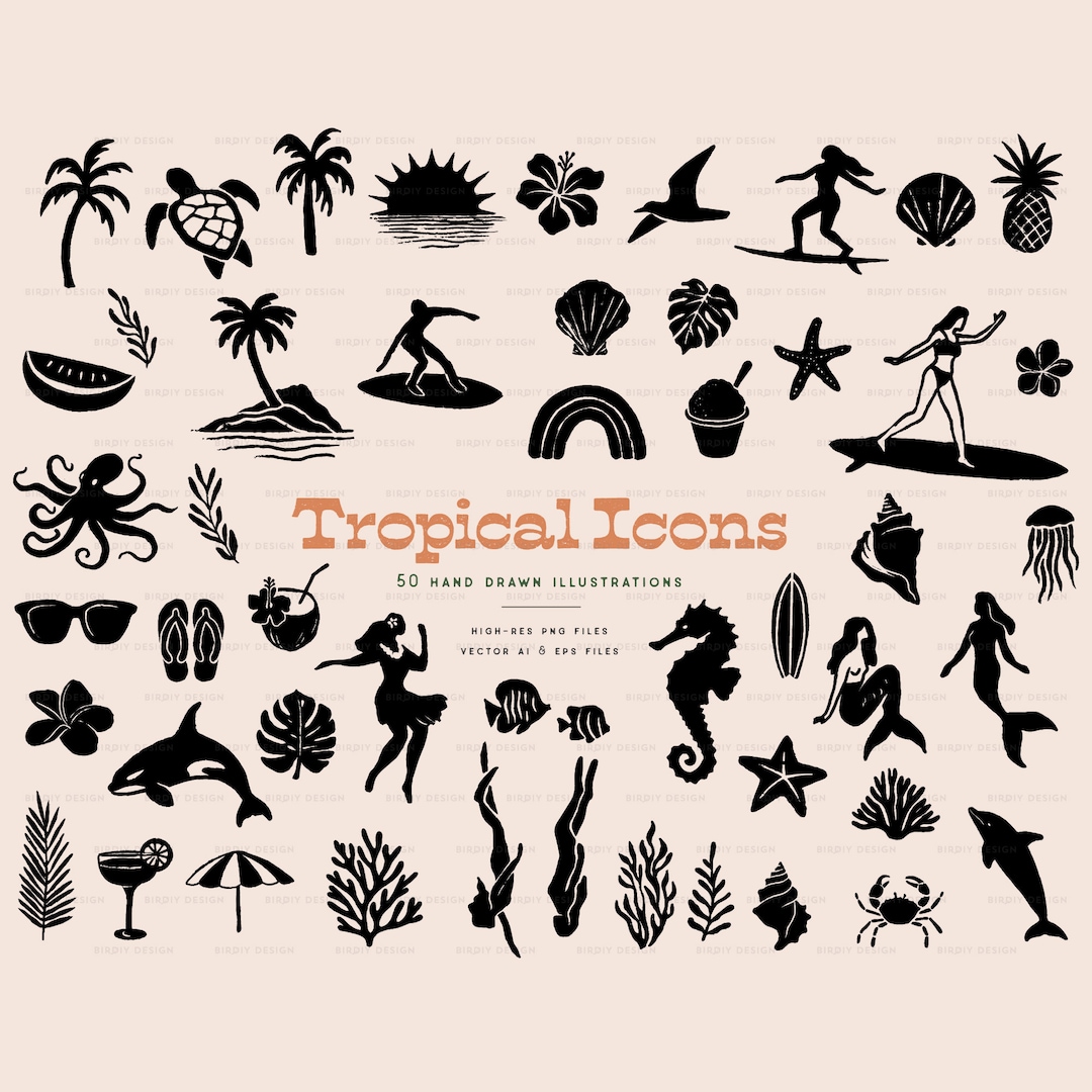 Tropical Icons Vintage Clipart • Tropical Clipart • Hand Drawn Icon ...
