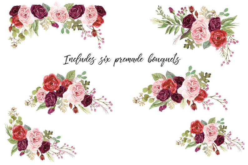 Marsala Floral Clipart Watercolor Floral Clipart Burgundy | Etsy