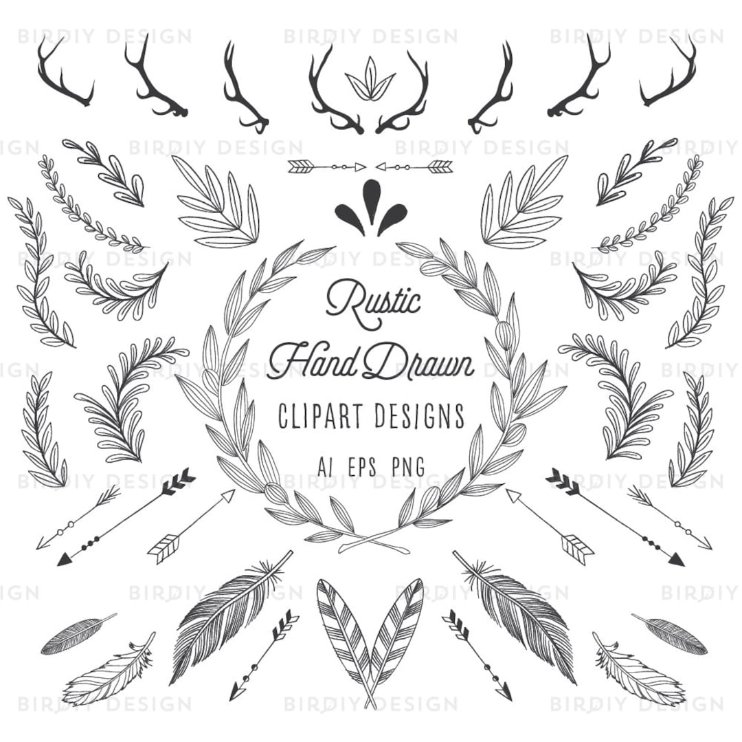 Rustic Woodland Clipart Bundle - Antlers, Banners, Flourishes - Rustic ...