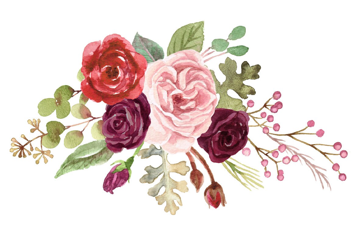 Marsala Floral Clipart Watercolor Floral Clipart Burgundy | Etsy