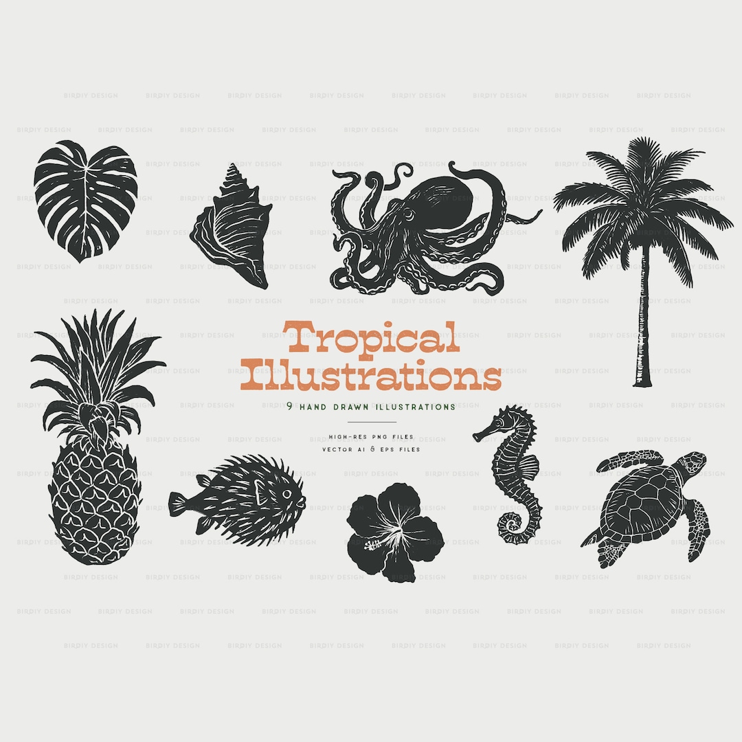 Tropical Icons Vintage Clipart • Tropical Clipart • Hand Drawn Icon ...