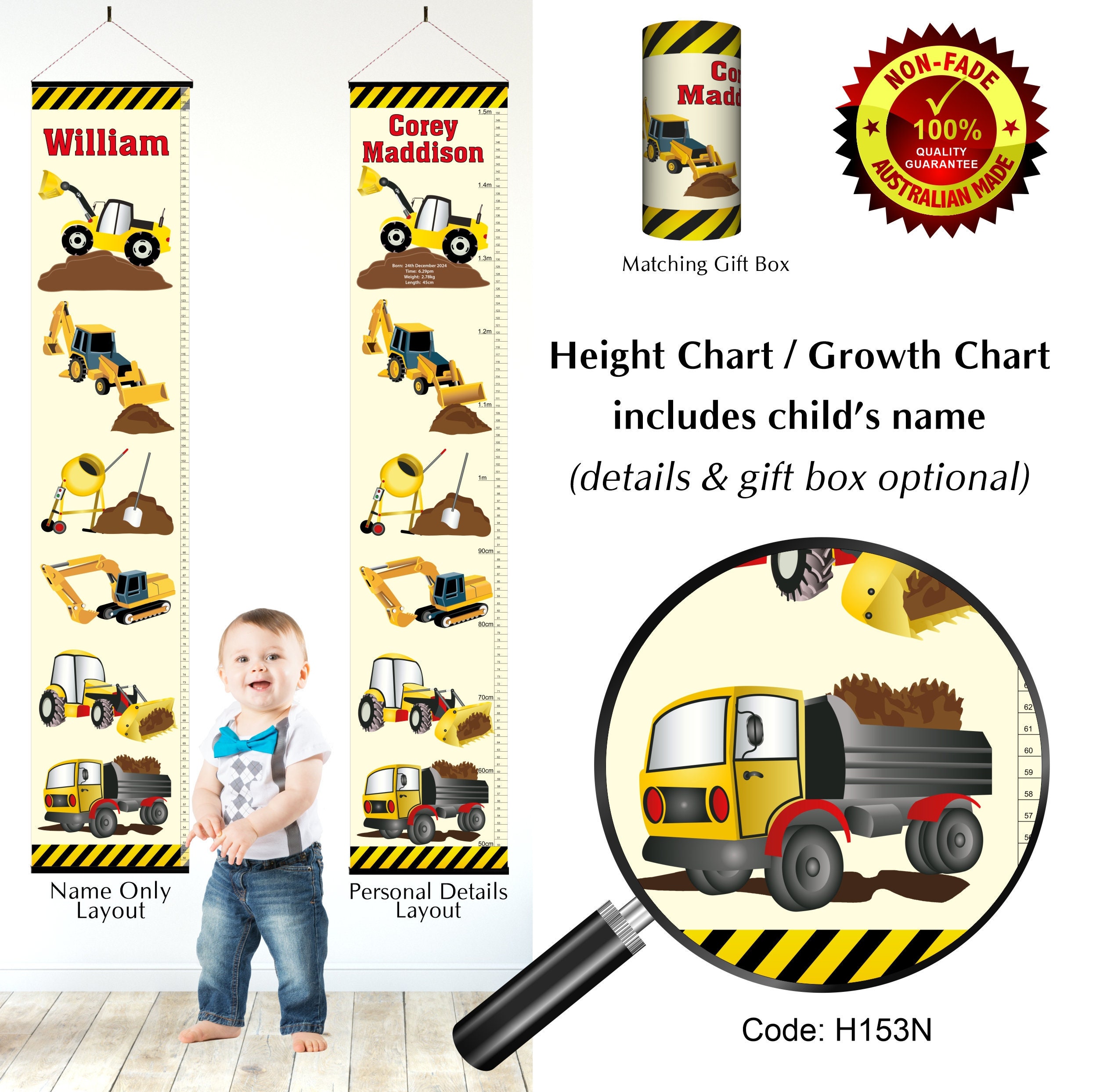 Personalised Height Growth Charts, Digging Trucks or Diggers for Boy - Etsy