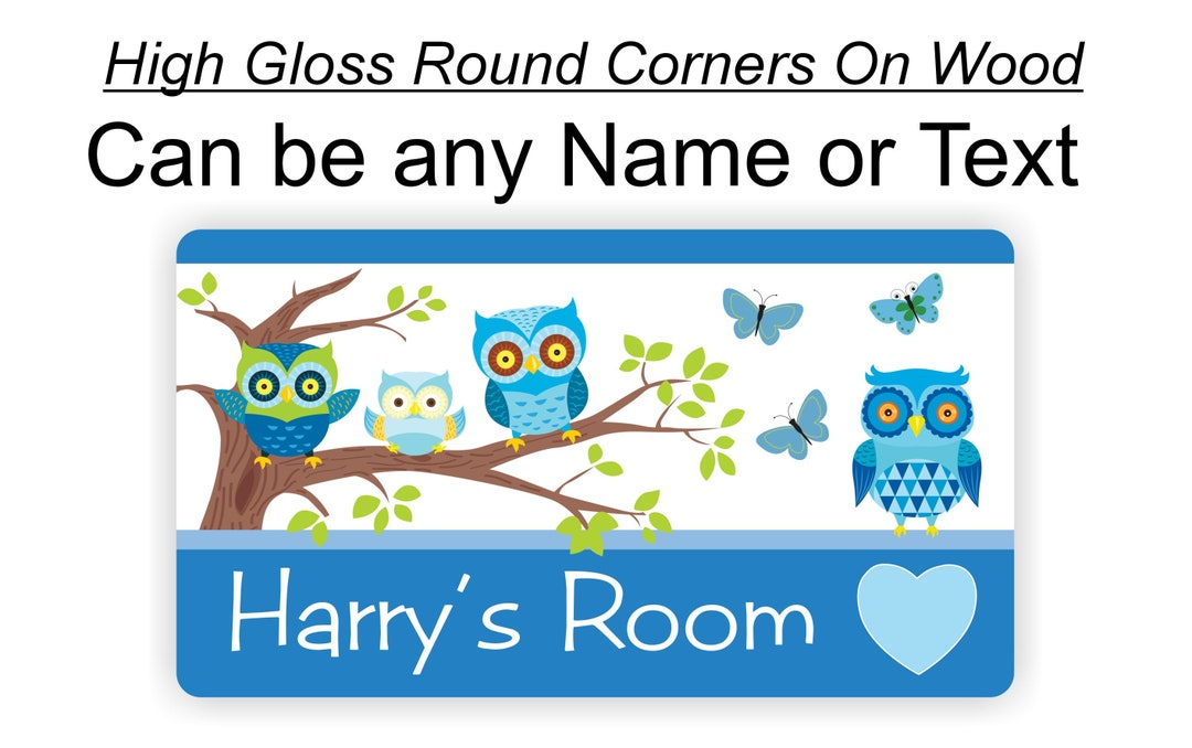 Owls Bedroom Room Door With Any Name Sign, Plaque for Kids Blue Theme ...