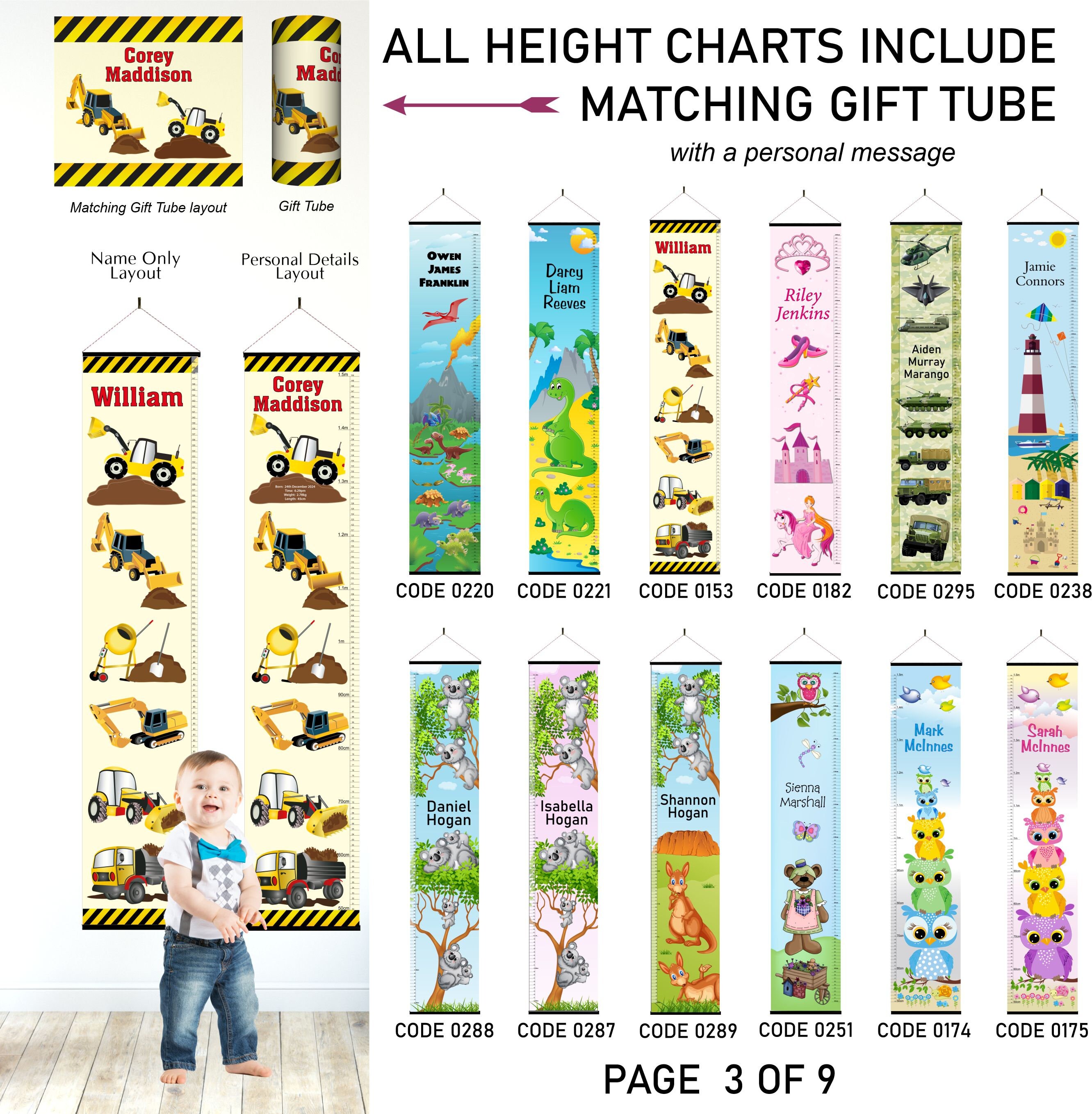 Custom Height Charts Fabric Canvas Includes Personalised Gift Box Tube ...