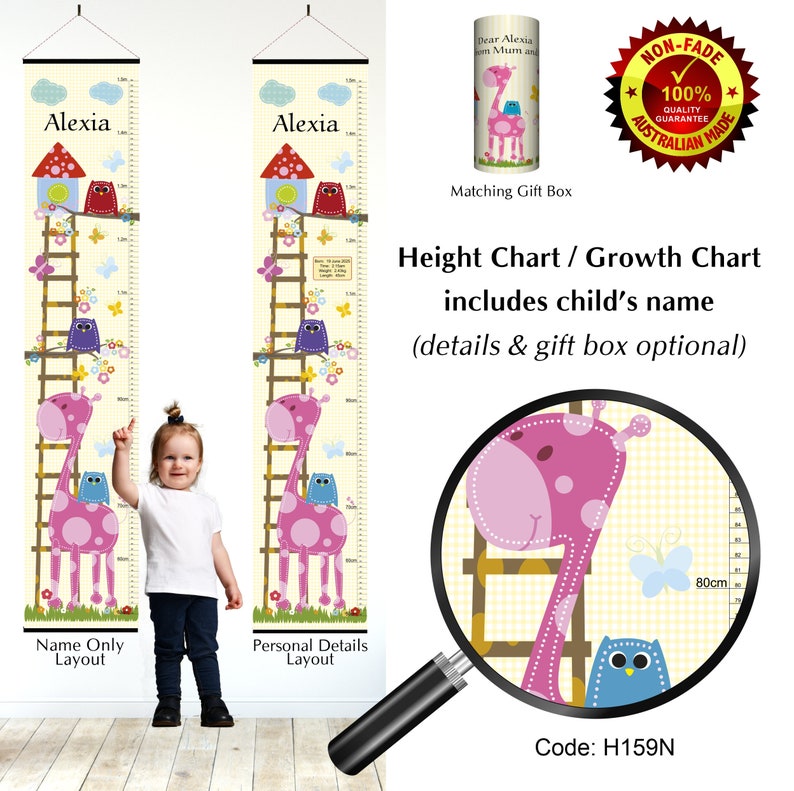 Height Growth Chart for Newborn or Baby Girl With Cute Pink Giraffe and ...