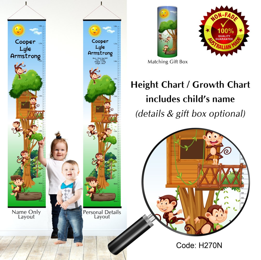 Monkey Personalised Height Growth Chart for Nursery Bedroom, Wall Ruler ...