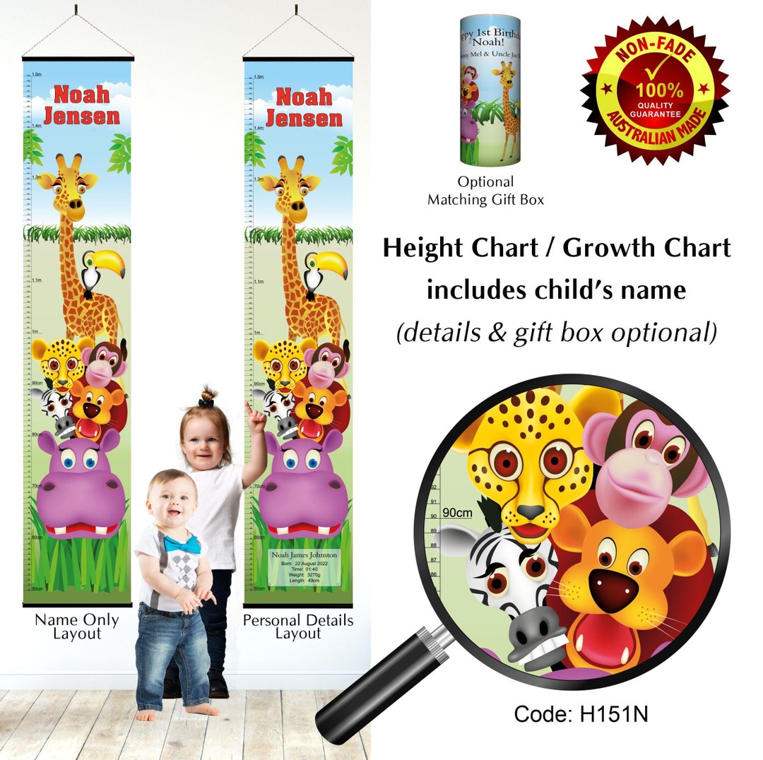 Height Growth Chart - Cute Jungle Zoo Animals Stacked on Giraffe ...