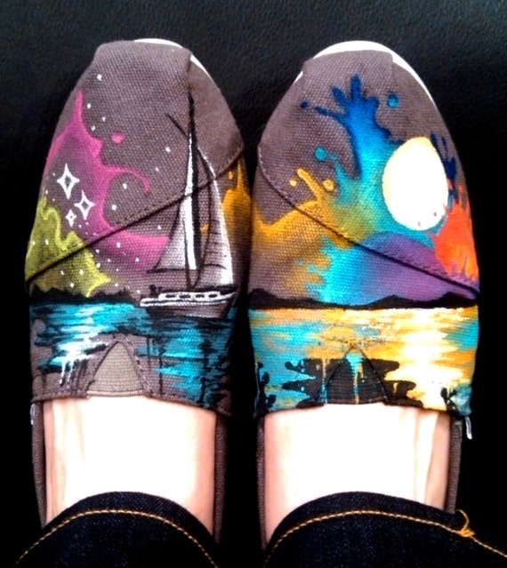 Hand Painted Shoes Custom TOMS Nautical Shoes Sailboat and Sea | Etsy