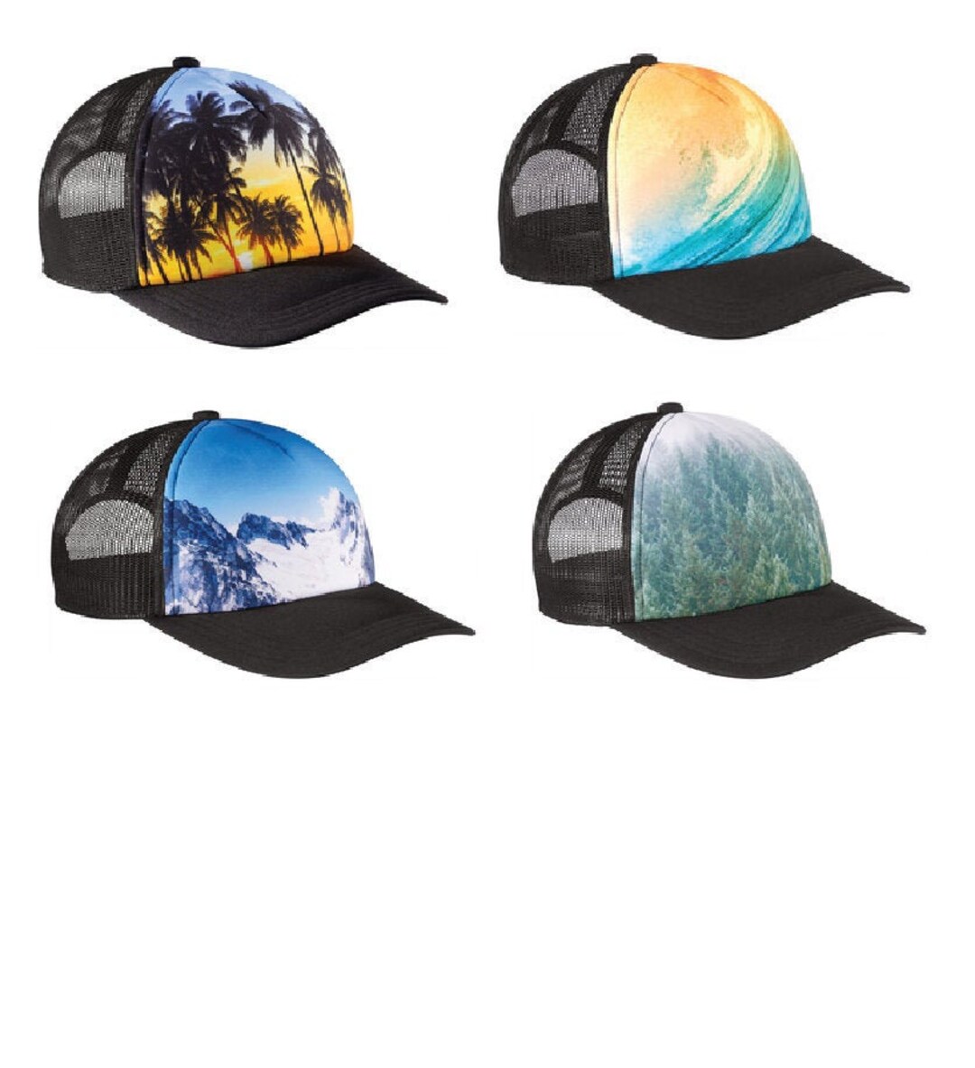 Snapback Trucker Caps ! Palm Trees, Forest, Ocean Waves, Snow Mountains ...