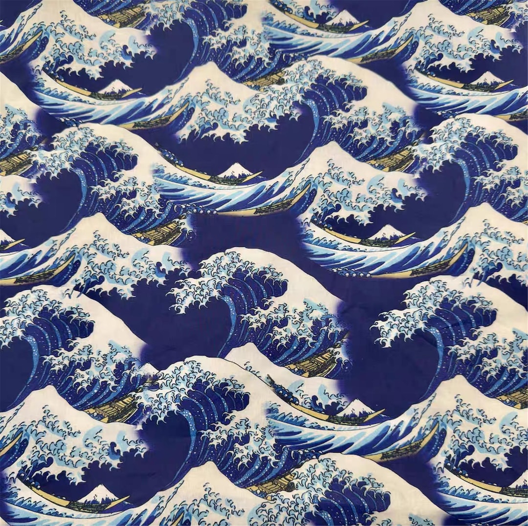 The Great Wave off Kanagawa Fabric,indigo Blue Hokusai Pattern,japanese ...