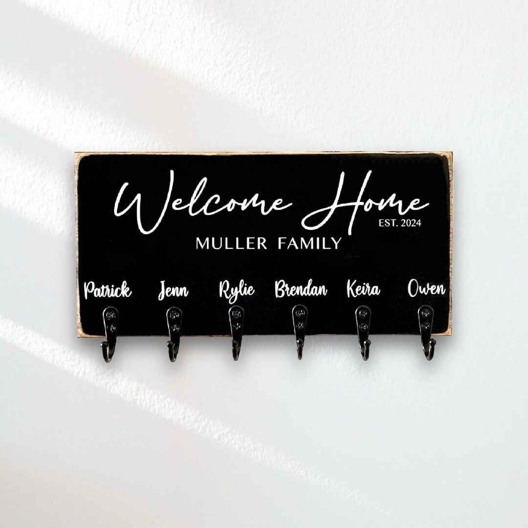 Welcome Home Personalized Key Holder for Wall, Key Rack, Last Name Sign ...