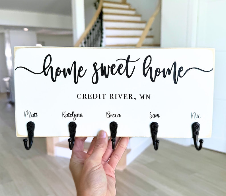 Personalized Home Sweet Home Sign With Key Hooks, Family Name Key ...