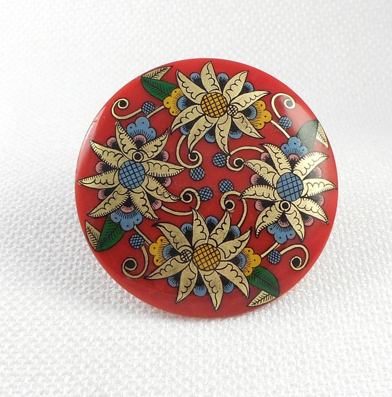 Vintage Red Hand-Painted Brooch with Gold Flowers Lacquer | Etsy