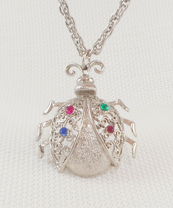 Vintage Big Silver Rhinestone Ladybug Necklace Filigr… Gem