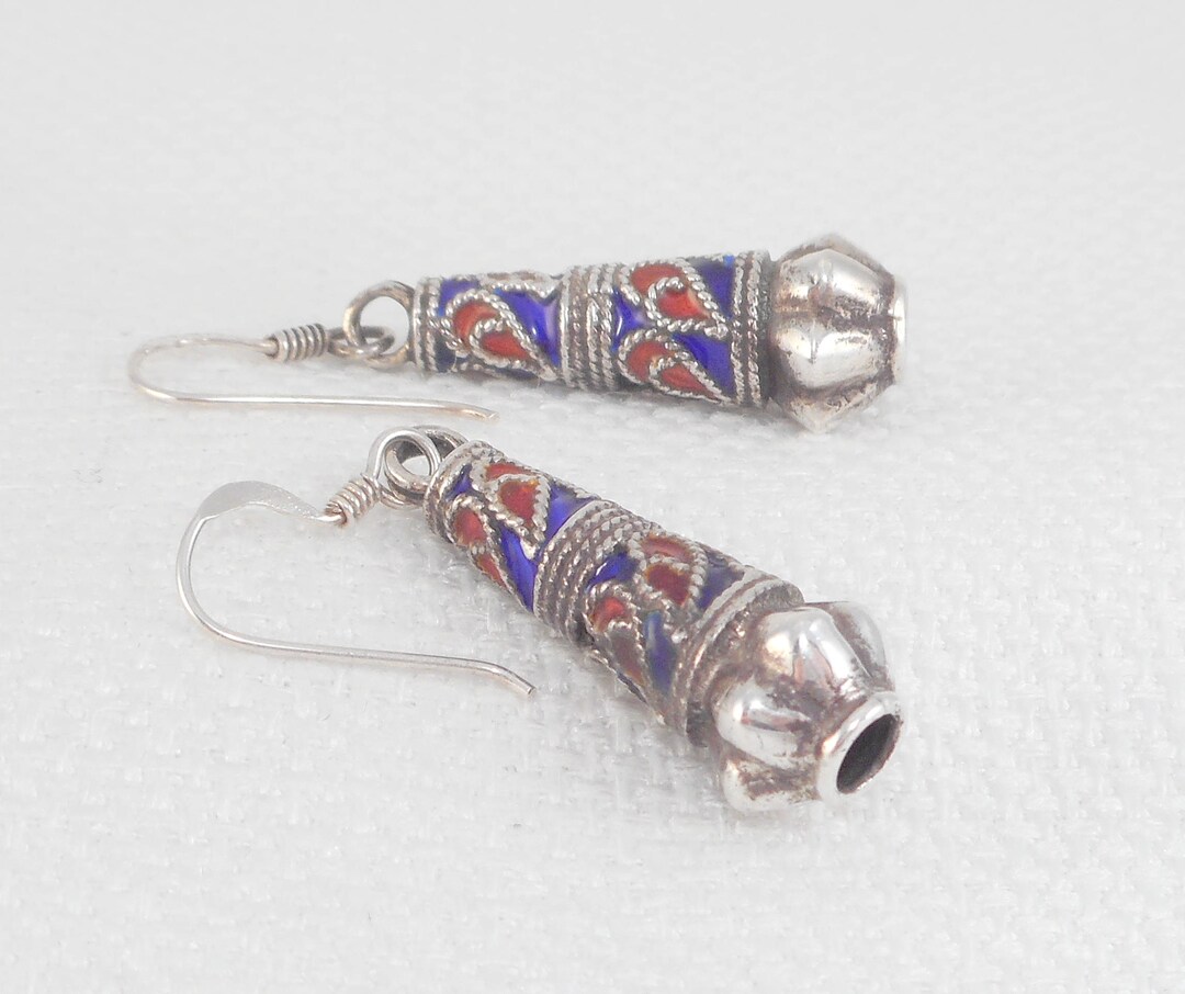 Vintage Sterling Silver Red and Blue Kuchi Earrings Sterling Tribal ...