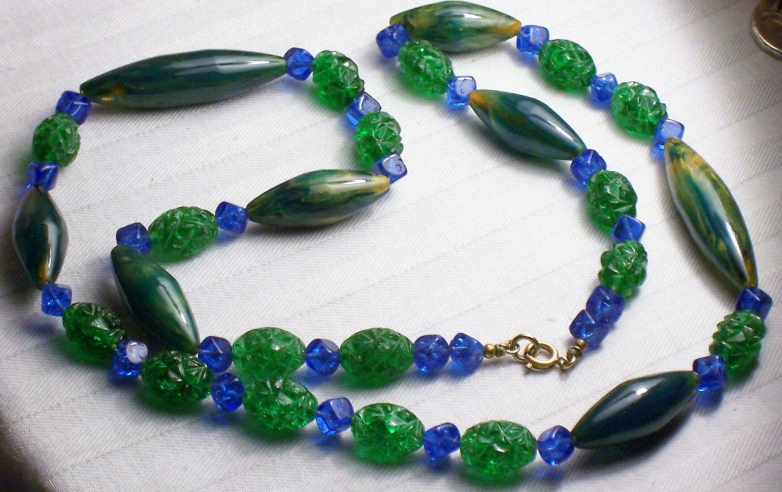 Vintage Long Green and Blue Celluloid and Glass Bead Necklace Unique ...
