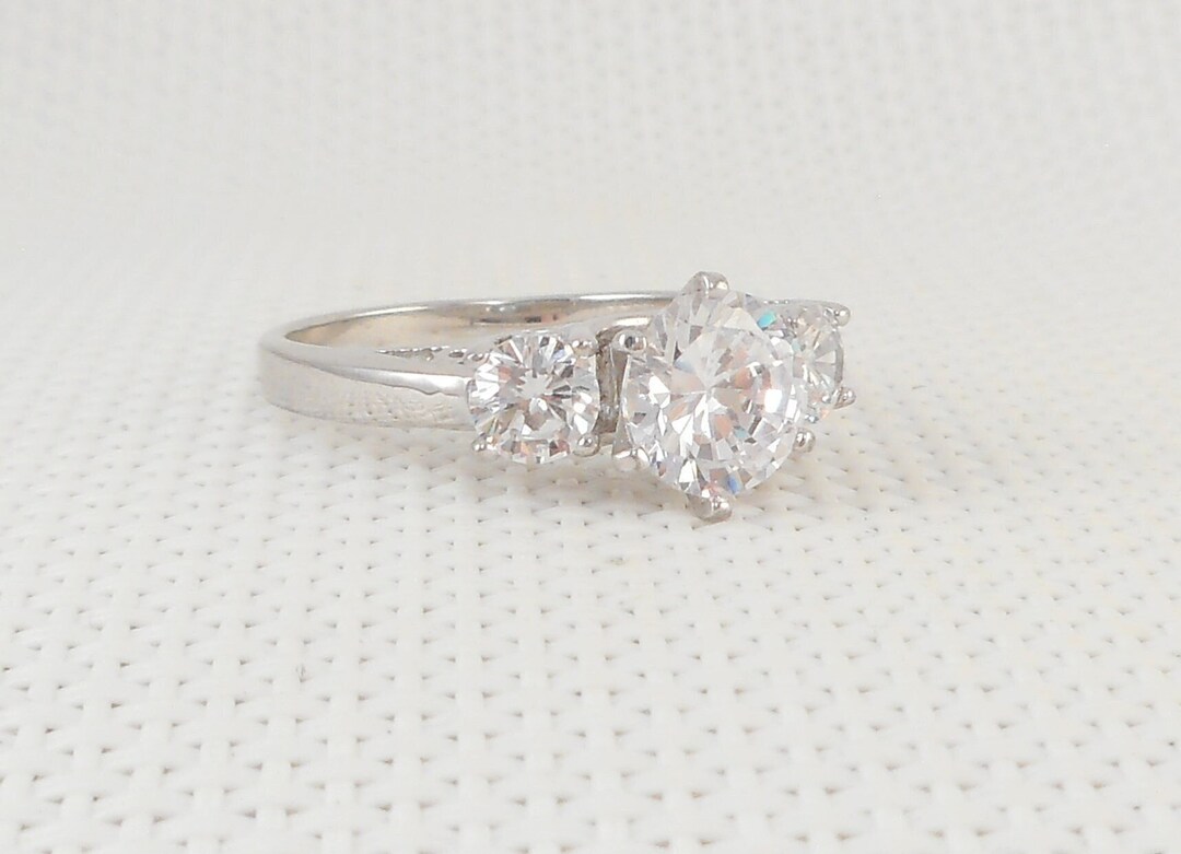 Vintage Sterling Silver PJM Three Stone CZ Ring 925 Engagement Ring Big ...
