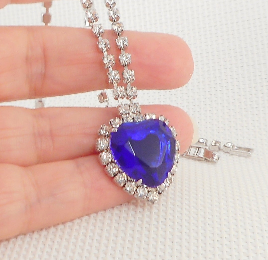 Vintage Heart of the Ocean Blue Stone Heart Necklace 1980's Sapphire ...