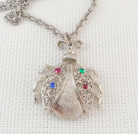 Vintage Big Silver Rhinestone Ladybug Necklace Filigr… Gem