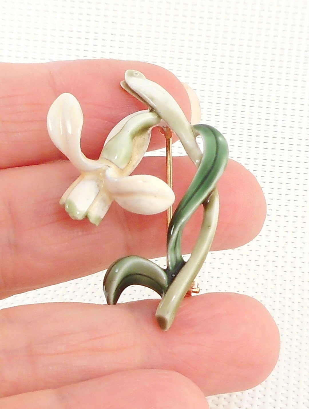 CFW Enamel Snowdrop Orchid Brooch CFW Har Orchid Flower Brooch 60's Enamel Orchid Brooch Orchid ...