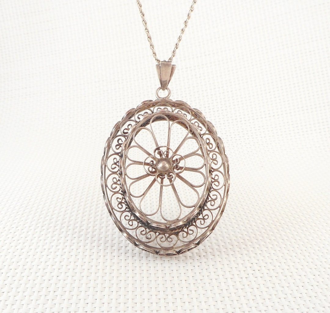 Vintage RARE European 835 Silver Fancy Filigree Oval Necklace German or ...