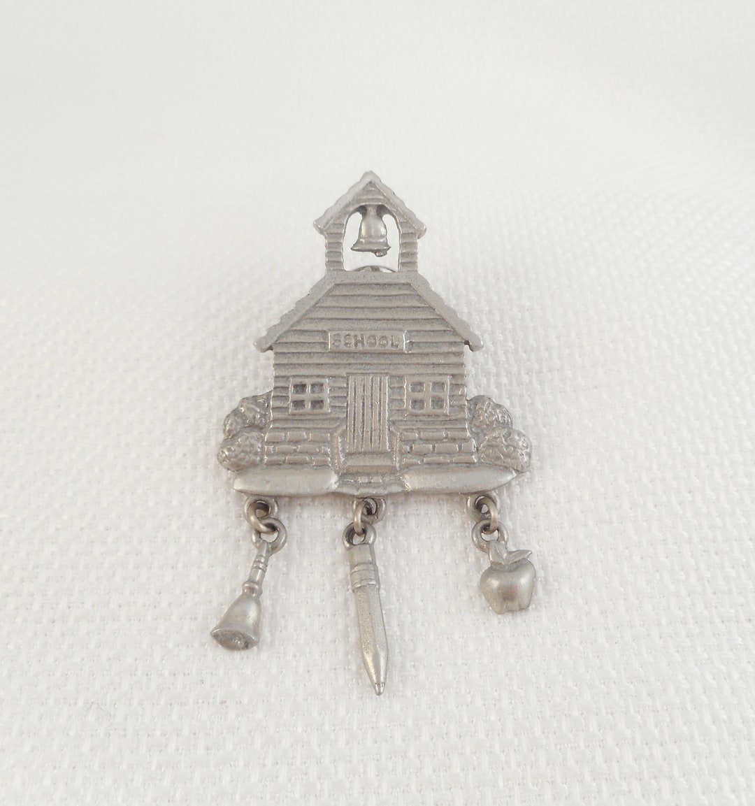Vintage LCD School House Pin Back to School Brooch Pewter Tone Dangle ...
