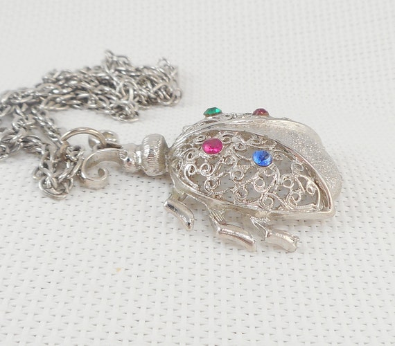 Vintage Big Silver Rhinestone Ladybug Necklace Filigr… Gem