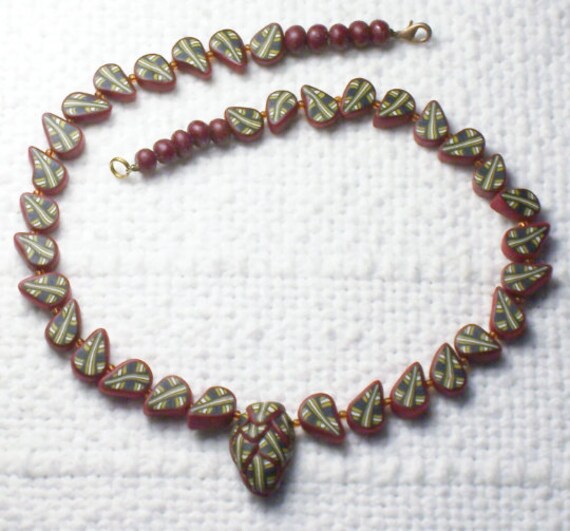 Vintage Vivid Pattern Clay Leaves Necklace Fimo Clay … - Gem