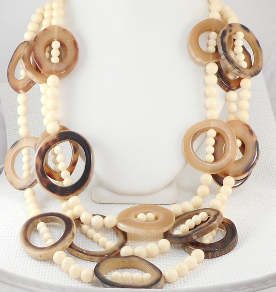 Vintage Dramatic Carved Bone Open Rings & Beads Neckl… - Gem