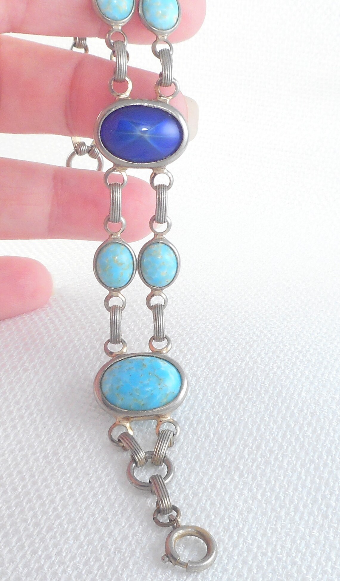 Vintage 2 Strand Blue Art Stone Bracelet Double Link Two Tone - Etsy