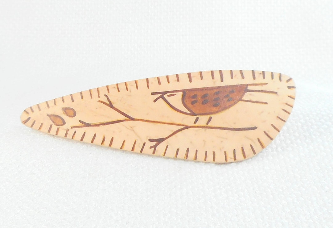 Vintage Hand Painted Modernist Bird Pin Coconut Shell Stylistic Painted ...
