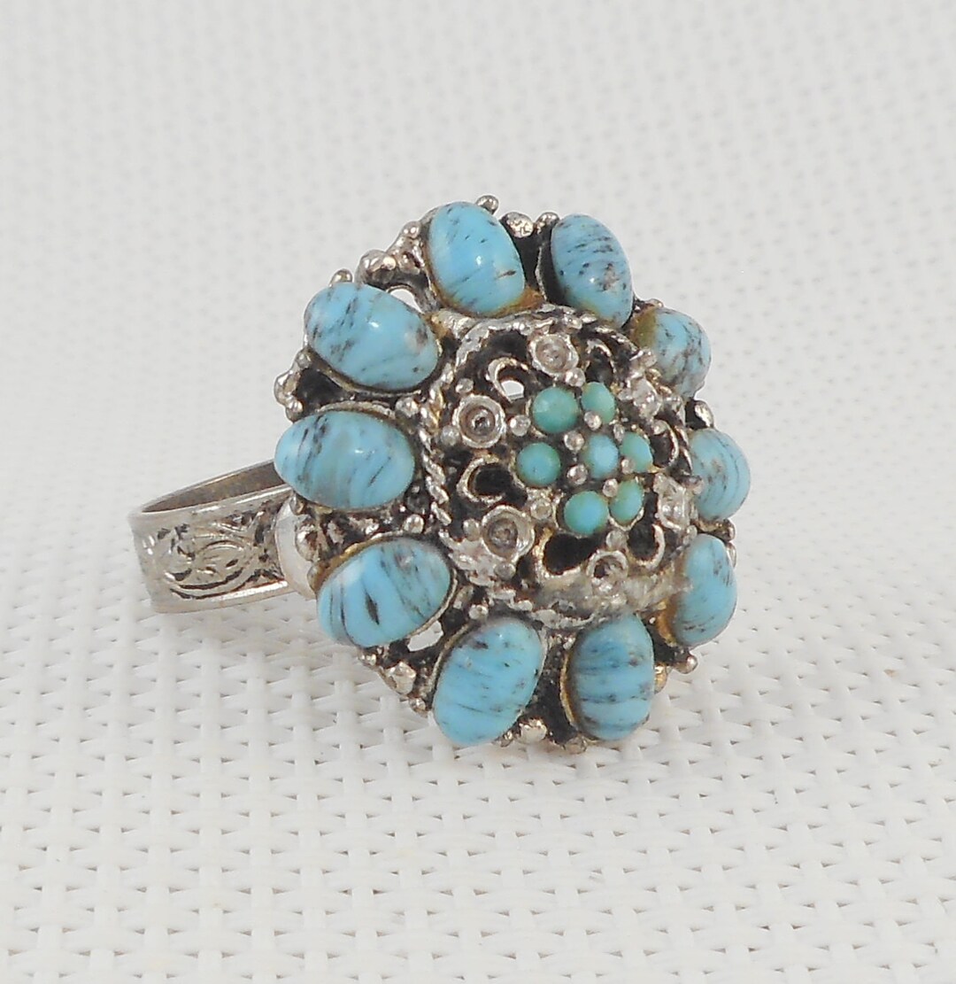 Vintage Silver & Glass Turquoise Stones Costume Ring Adjustable ...