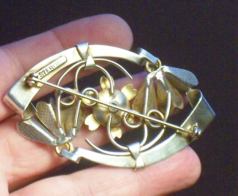 Vintage BIG 3 Inch Open Work Sterling Silver Enamel Pin With Stones ...