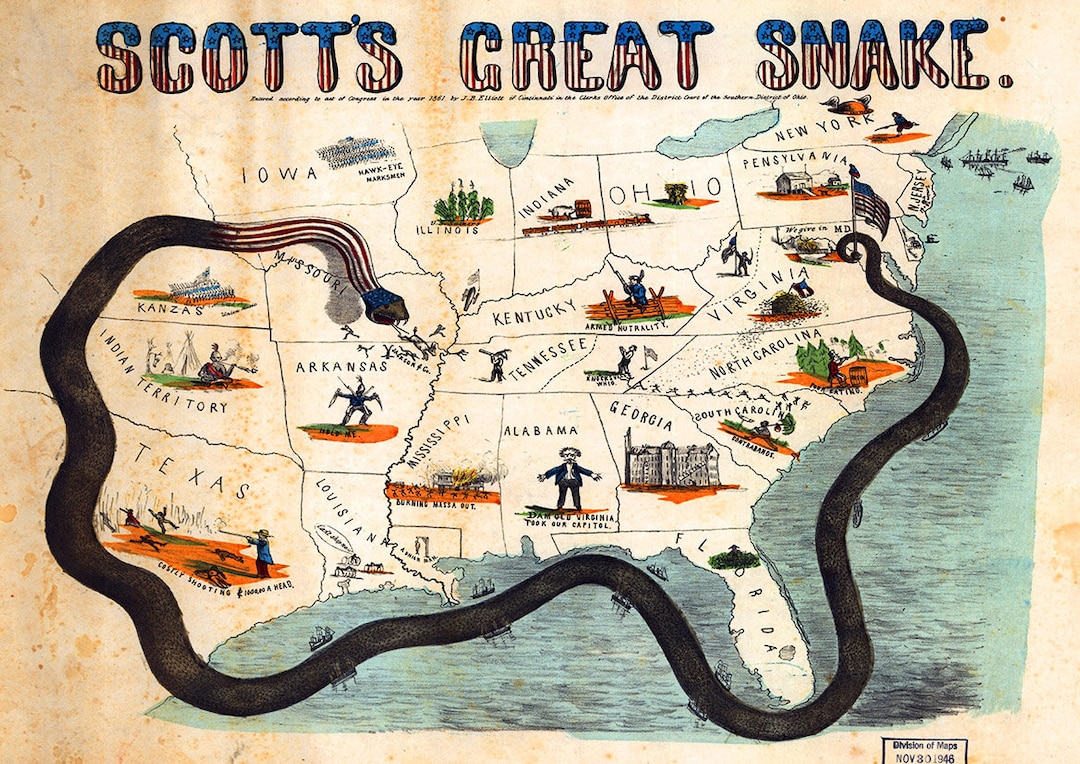 Scott's Great Snake. Cartoon Map Illustrating Gen. Winfield Scott's ...