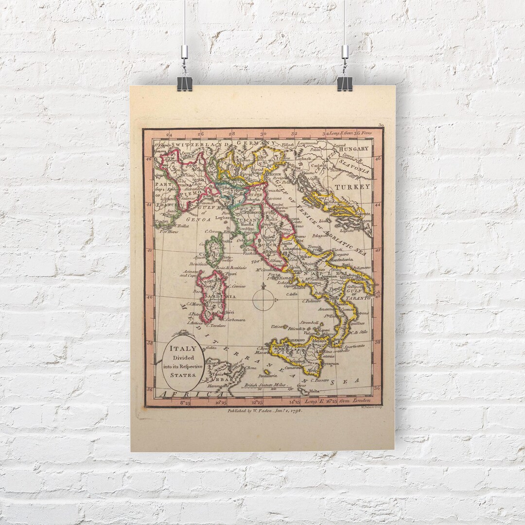 Map of Italy Divided Into It's Respective States, 1798. Vintage/antique ...