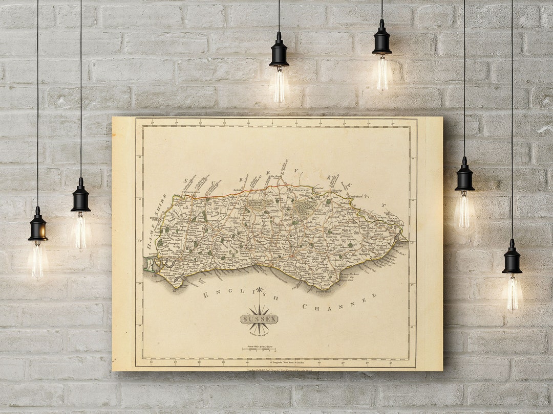 Canvas Art Print of A Map of Sussex, England 1793. Large Canvas (30 X ...