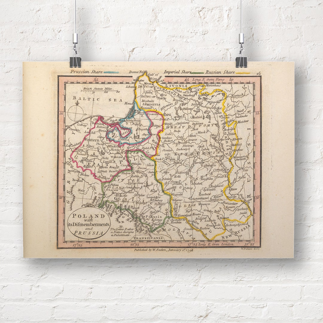 Map of Poland With It's Dismemberments and Prussia, 1798. Vintage ...