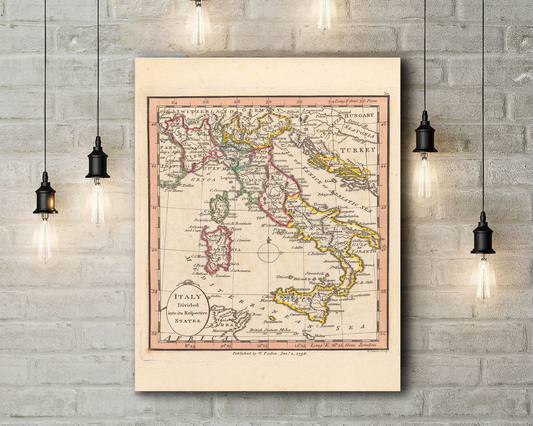 Canvas Art Print of A Map of Italy Divided Into It's Respective States ...