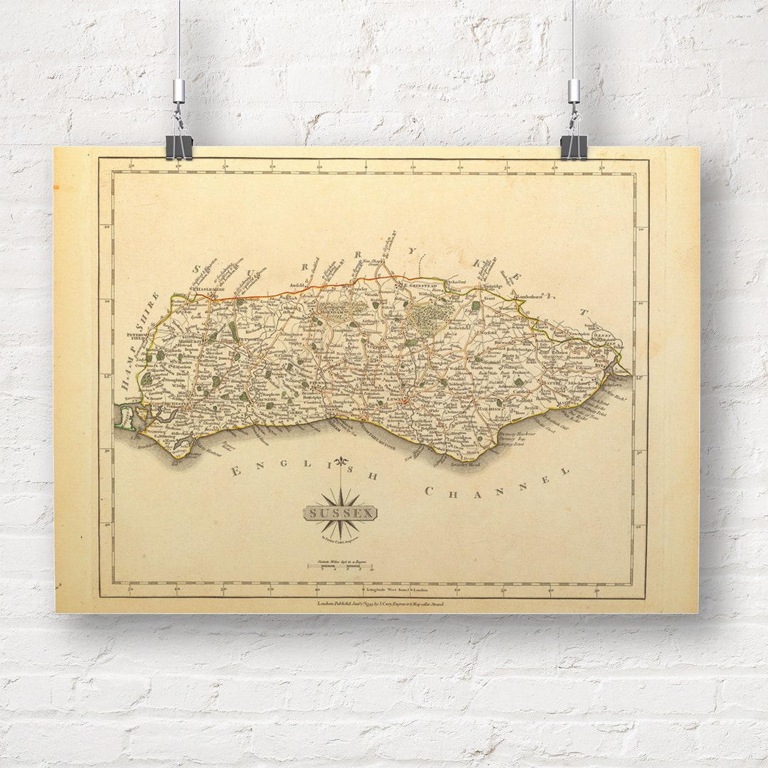 Map of Sussex, England 1793. Vintage/antique Style Old Map Repro Print ...